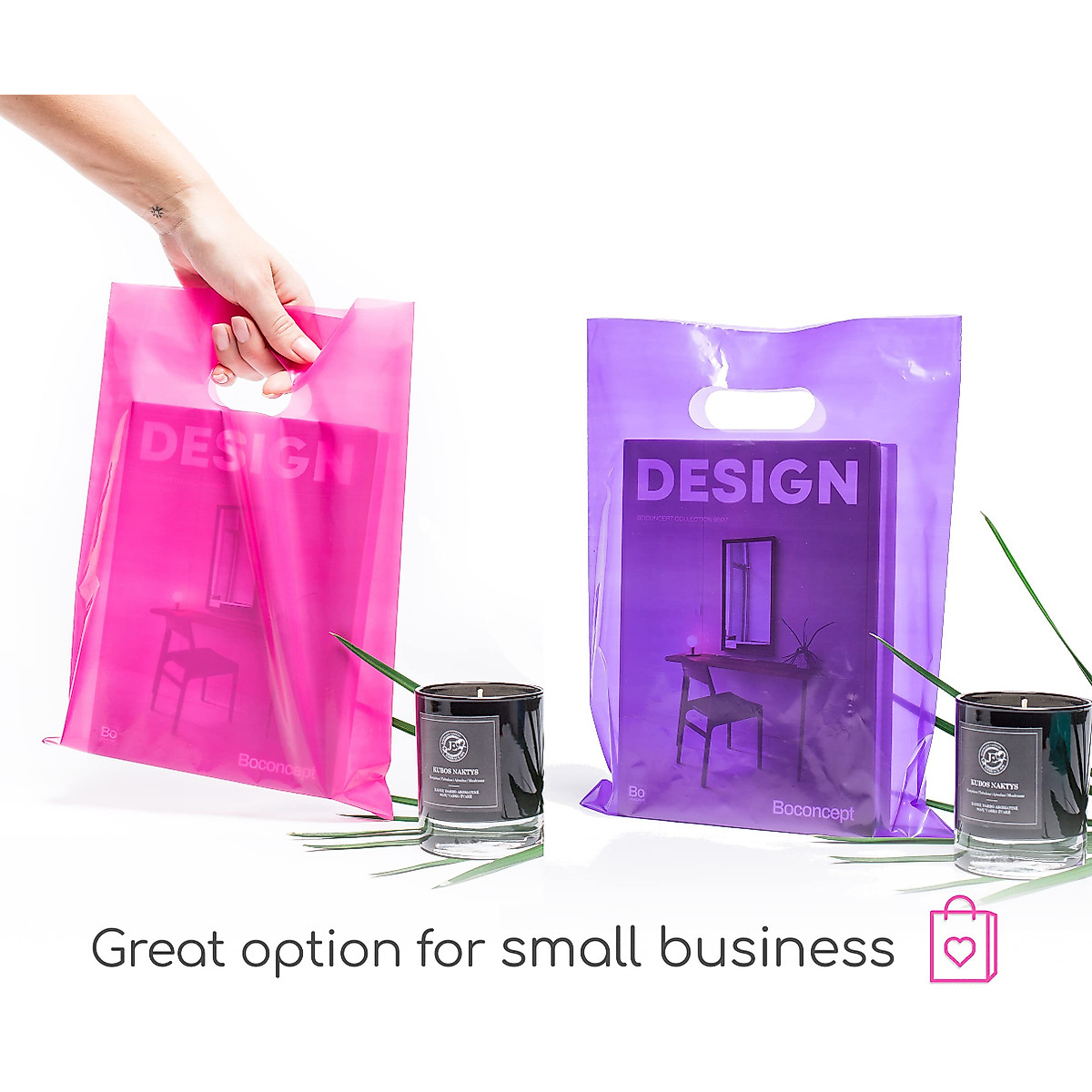 Choice Marts 200 Pink & Purple Merchandise Bags 100 Pink and 100 Purple 9"x12" Bags for Small Business 1.5Mil Thick Glossy Suitable for Retail And Boutiques With Handles