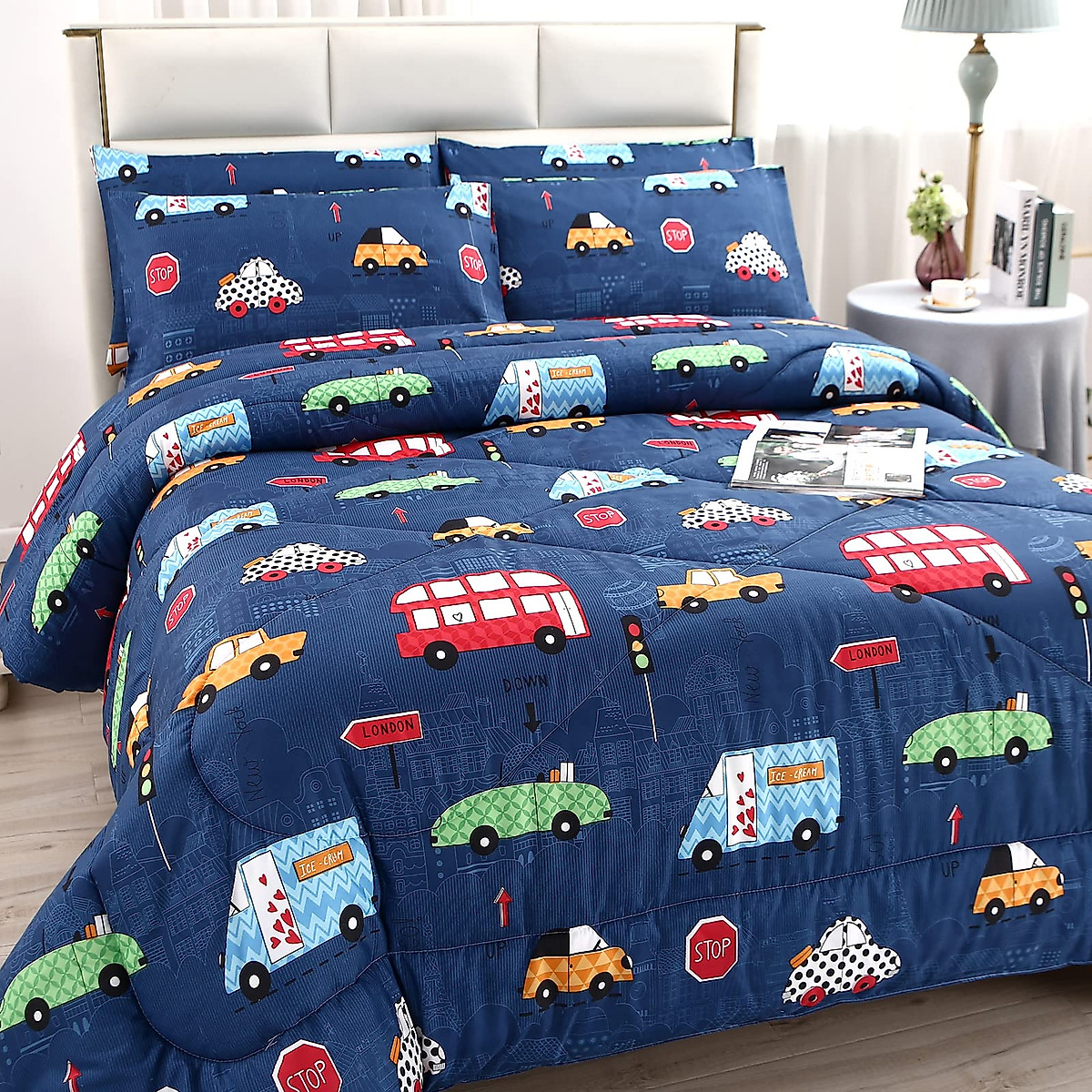 MAG 3Pcs Cartoon Car Bedding Comforter Set, Blue Cute Base Twin Comforter Set,for Toddlers Kids,Boys Teens and Girls,Super Soft Microfiber, Twin Size