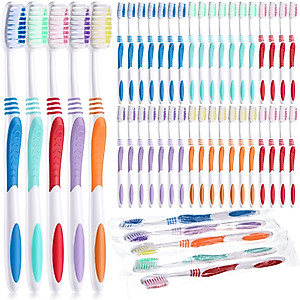 Newtay 100 Pieces Individually Wrapped Toothbrushes Manual Disposable Travel Toothbrush Medium Soft Bristle Tooth Brush Travel Toothbrushes for Hotel, Guest, Adults, Kids, Multi Color