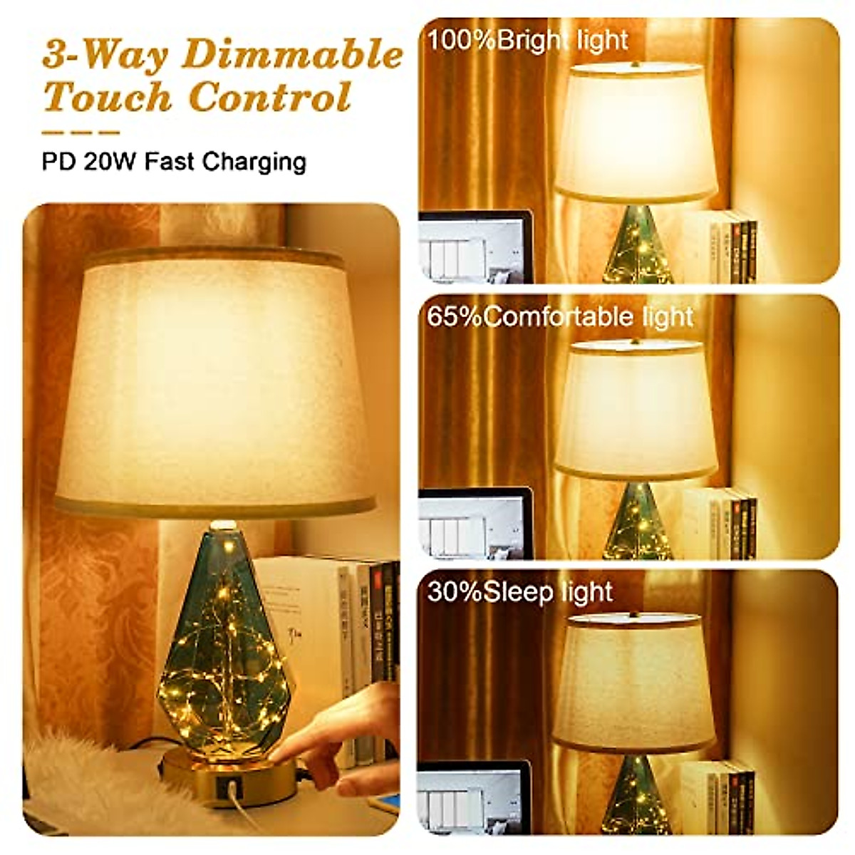 YUNHONG Modern Glass Table Lamp Set of 2,Bedside Lamp with Super Fast Charger 20W PD QC 3.0 USB C+A, 3 Way Dimmable Touch Lamps with Fairy Lights, Nightstand Lamps for Bedroom Living Room