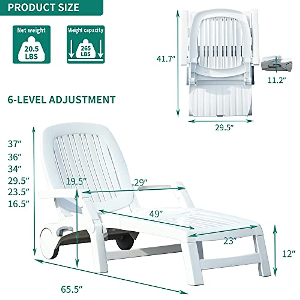 YITAHOME Outdoor Folding Chaise Lounge Chair with 6 Adjustable Backrests, Foldable Poolside Lounger with Wheels, Plastic Recliner for Patio, Beach,Easy Assembly, Lightweight, Waterproof, White (1)