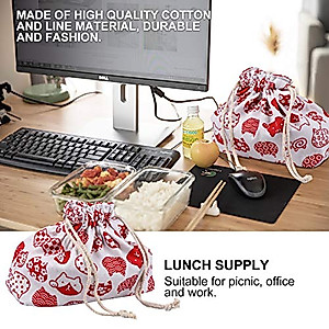 NUOBESTY Lunch Box Pouch with Drawstring Japanese Portable for Bento Boxes Tote Bag Picnic Office Outdoor Lunch Storage Handy Bags Cat Printed Red