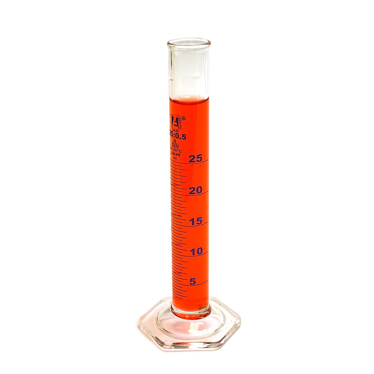 EISCO Graduated Cylinder, 25ml - Class A Tolerance ±0.25ml - Hexagonal Base - Blue Graduations - Borosilicate 3.3 Glass
