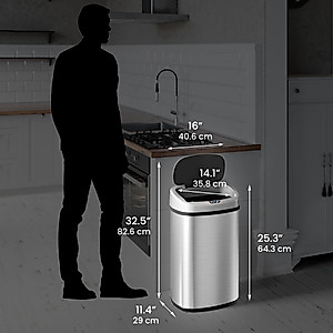 SensorCan 13 Gallon Touchless Sensor Odor Control System, Stainless Steel Oval Shape Automatic Garbage Bin, Base Model Trash Can