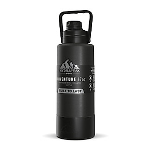 Hydrapeak Adventure 67oz Insulated Water Bottle with Handle, Large Stainless Steel Thermos with Matching Rubber Boot, Double Wall Insulation Keeps Drinks Cold for 60 Hrs and Hot for 30 Hrs (Black)