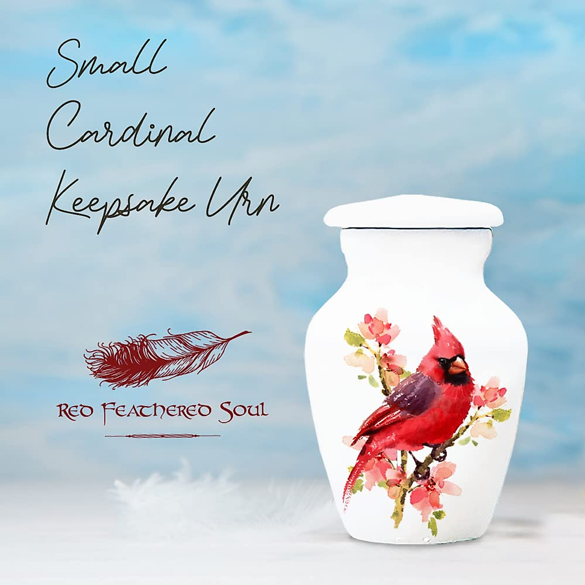 Lola Bella Gifts Cardinal Small Keepsake Memorial Cremation Urn and Red Feathered Soul Poem Card with Box Grief Sympathy Gift