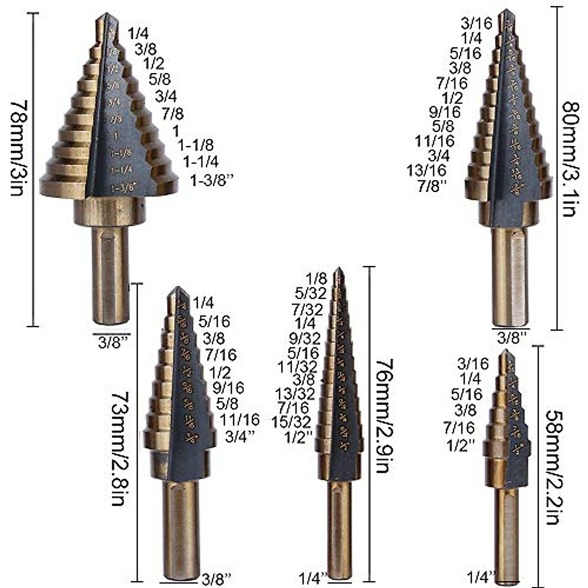 Step Drill Bit Set, 5 Pcs 50 Sizes Cobalt Step Drill Bits for Metal, Wood, Plastic Sheet, Stainless Steel Metric Step Drill Bit, Titanium Stepped Drill Bits