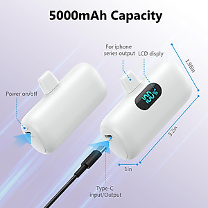 [2 Pack]Mini Portable Charger 5000mAh,Ultra-Compact 15W PD Fast Charging Power Bank,LCD Display Cute Battery Pack Backup Charger Compatible with iPhone 14/14 Pro Max/13/13 Pro/12/XR/8/7/6-Black+White