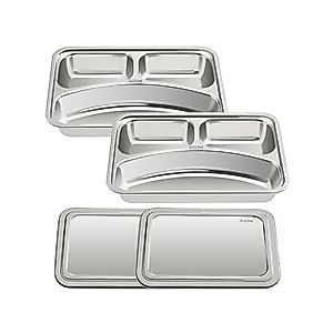 VENTION Stainless Steel Kids Plates with Lids, Divided Plates for Kids, 3 Compartment Kids and Toddler Plates, 2 Pack