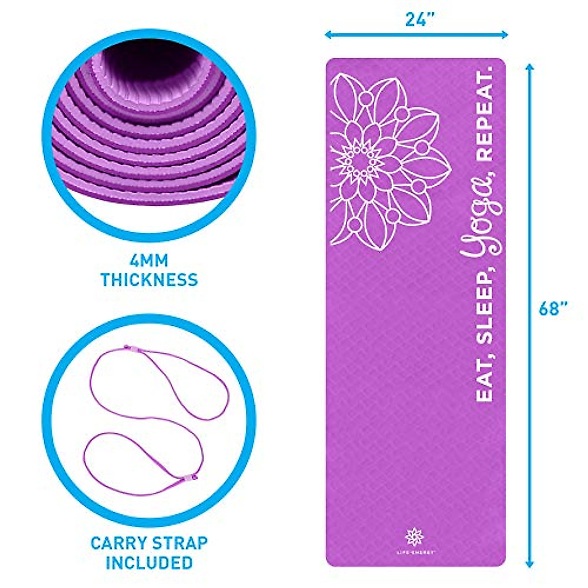 Life Energy 4mm TPE EkoSmart Yoga Mat - Yoga Repeat, Purple