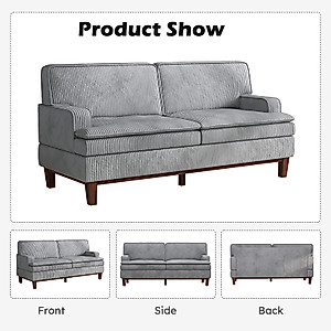EBELLO 75” Soft Luxury Corduroy Fabric Sofa, Small 3 Seat Sofa for Living Room with Padded Seat, Overstuffed Backrest, Solid Wood Frame Small Sofa for Small Space, Apartment, Grey