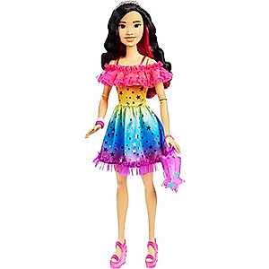 Barbie Large Doll with Black Hair, 28 Inches Tall, Rainbow Dress and Styling Accessories Including Shooting Star Handbag