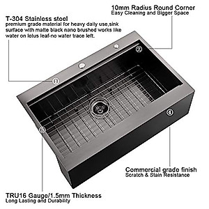 33 Inch Farmhouse Drop In Kitchen Sink Workstation Black- 33X22 inch Black Stainless Steel Drop In Apron Front Farmhouse Sink Workstation Kitchen Sink Single Bowl 16 Gauge Stainless Steel Farm Sink