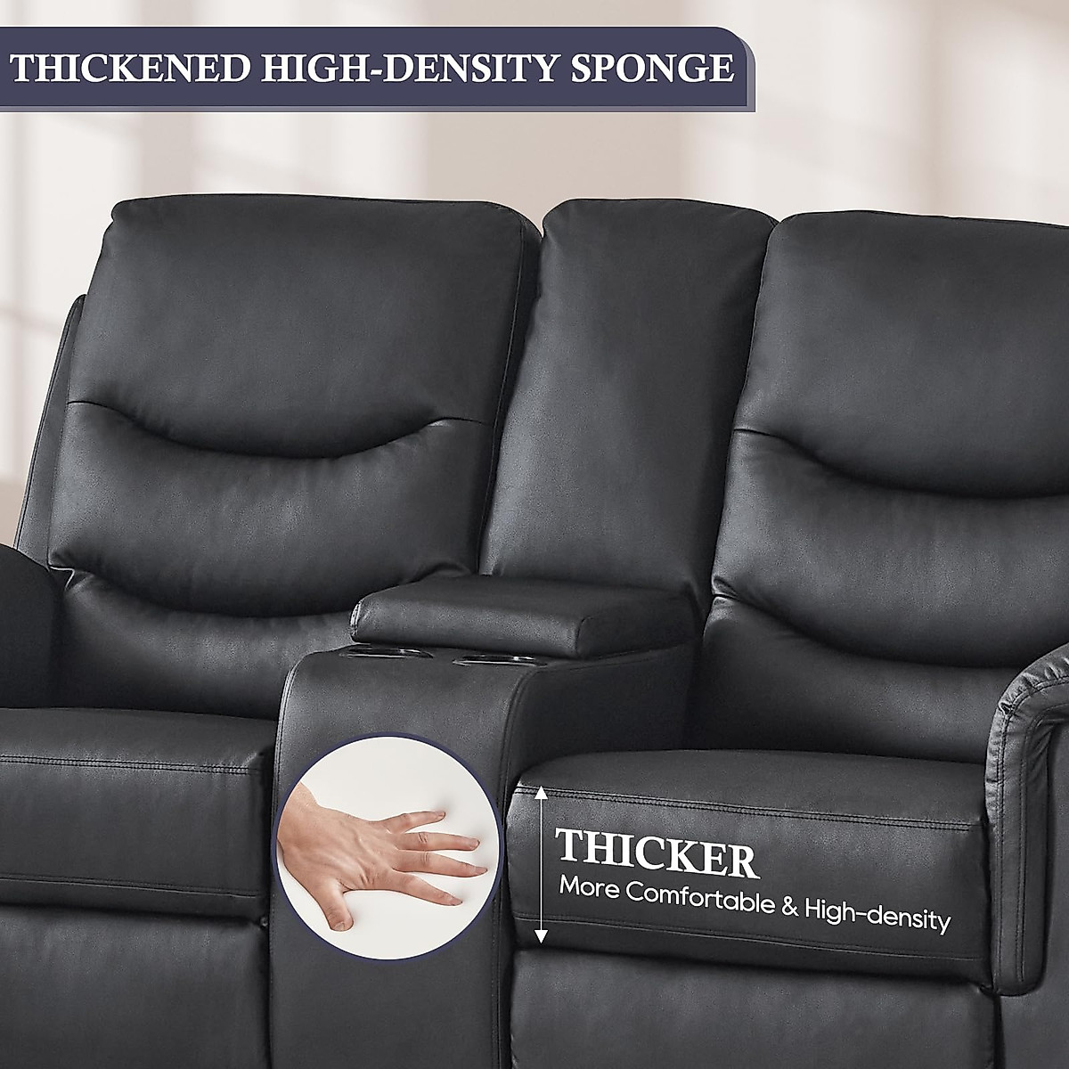 Consofa 68'' Reclining Loveseat, Reclining Loveseat with Console, PU Leather Manual Recliner Loveseat, Double Recliner Loveseat with Cup Holder and Side Pocket for Living Room