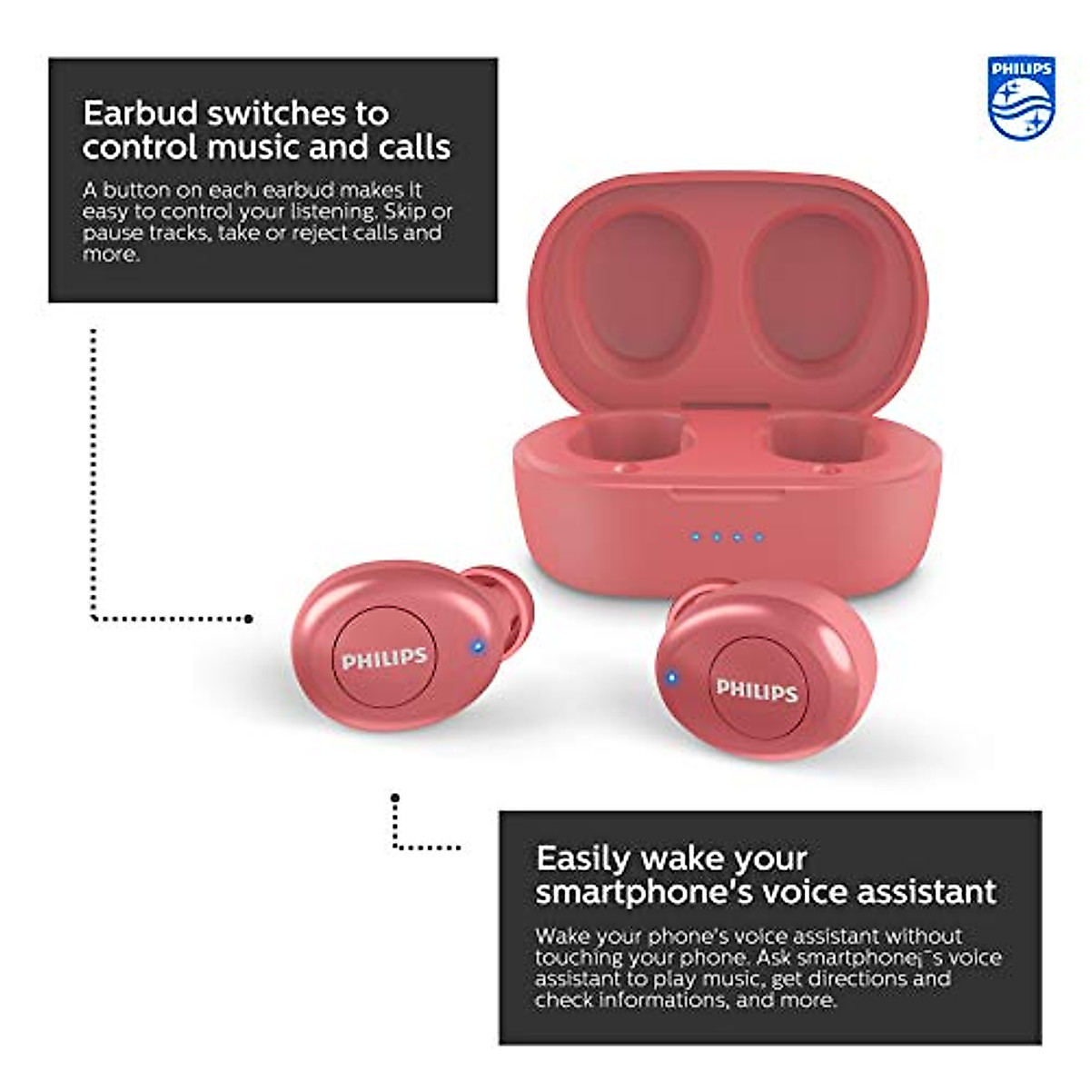 Philips T2205 In-ear True Wireless Headphones with IPX4 Splash Resistant, Super-small Portable Charging Case, Built-in Microphone, Up to 12 Hours (4+8) Playtime, Works with Voice Assistants, TAT2205RD