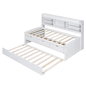 MiHunnor Twin Size Captain Bed with Built-in Bookshelves, Wooden Daybed with 3 Storage Drawers and Trundle, Sofa Bed Frame for Bedroom Living Room