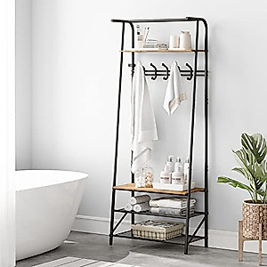 IDEALHOUSE Coat Rack Shoe Bench with 5 Hooks, Hall Trees Entryway Bench with Storage, Multifunctional Hallway Organizer, Wood Look Accent Furniture with Metal Frame for Entryway, Living Room, Bedroom