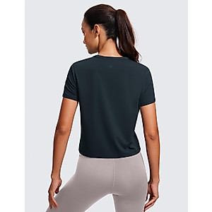 CRZ YOGA Women's Pima Cotton Short Sleeve Crop Tops High Neck Cropped Workout Shirts Yoga Athletic Casual T-Shirt True Navy Medium