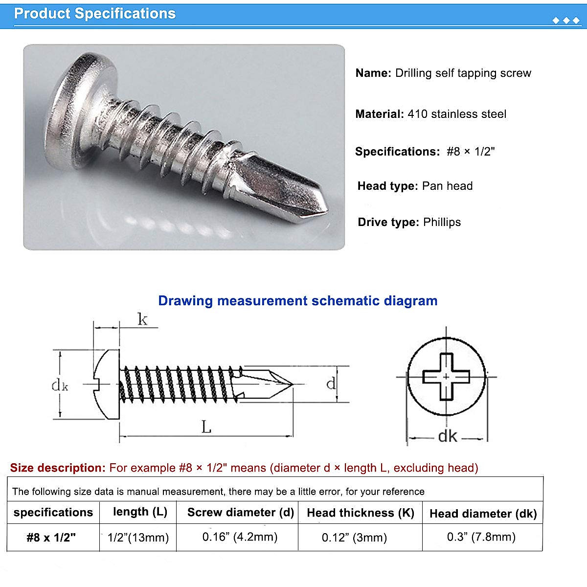 #8 x 1/2" (13mm) 410 Stainless Steel Self Tapping Screws Phillips Pan Head Self Drilling Screws 100 pcs