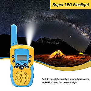 SUNET 2 Pack Battery Operated Walkie Talkies for Kids with 22 Channels 2 Way Radio 6 KMS Long Rang, Toy for 3-12 Year Old Boys Girls, with Backlit LCD Flashlight for Camping Outdoor (Yellow-Blue)