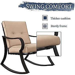 SUNCROWN Outdoor 3-Piece Rocking Chairs Patio Bistro Set Black Steel Furniture with Thickened Cushion and Glass-Top Coffee Table, Brown