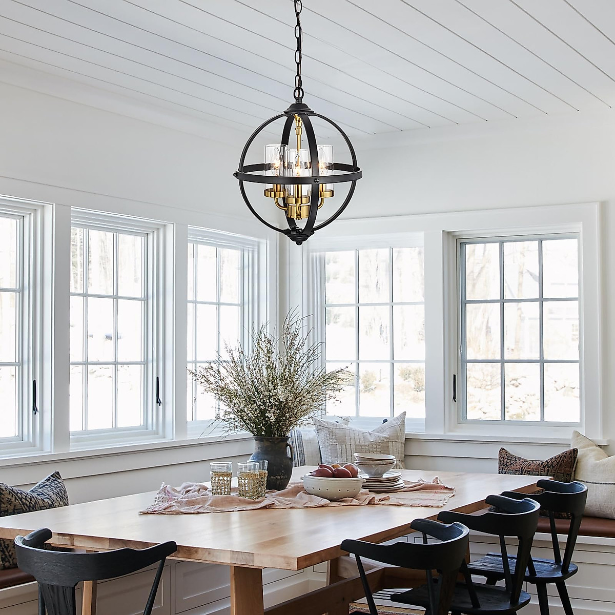 Treekee Rustic Chandelier, 14" Black and Gold Finish Glass Cover Luxurious Hanging Light, 3 Lights Globe Vintage Pendant Ceiling Light Fixtures for Living Room Entry Way Dining Room