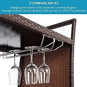 Bonnlo Wicker Outdoor Bar Cart with Wheels and Ice Bucket, Outdoor Bar Table Serving Cart Rattan Bar Cart with Glass Top and Wine Glass Holder for Pool, Party, Backyard, Porch