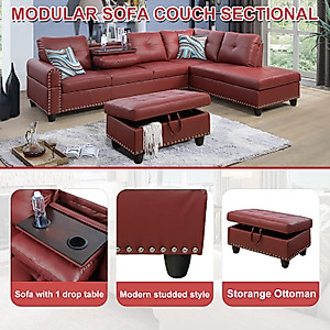 LOPOO Modern Red L-Shaped Sectional Couch, Button Tufted Upholstered Modular Faux Leather Large Sofas with Chaise Lounge, Living Room Furniture Sets w/Foldable Console and Cup Holders (Red)