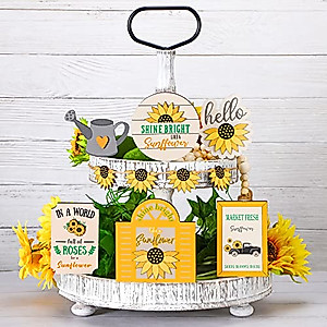 7 Pieces Summer Tiered Tray Decor Set Summer Wood Sign Rustic Farmhouse Decor Wooden Kitchen Tiered Tray Sign Decorative Trays Signs for Summer Home Kitchen Table Shelf (Sunflower Style)