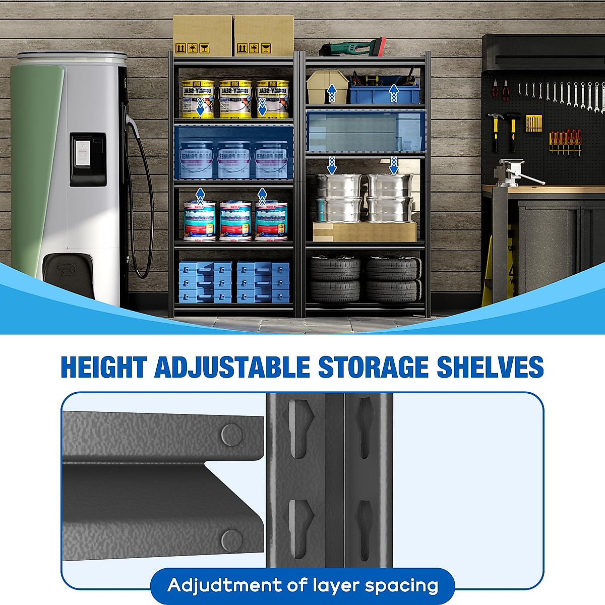 METALYEYE Garage Shelving, 5 Tier Adjustable Metal Shelving, 72"×35"×16", 2500LBS Heavy Duty Storage Shelving for Garage Warehouse, Basement, Industrial Utility Yard, Black (5-Tier)