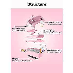 NOBVEQ Mini Bag Sealer, Handheld Heat Vacuum Sealer, Cutter with Lanyard and 2 in 1 Heat Sealer , Portable Bag Resealer Machine for Plastic Bags Food Storage Snacks Freshness(Batteries Included)-PINK