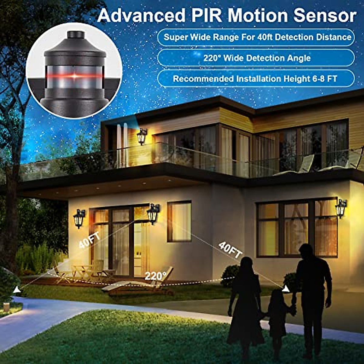 XANGQAN Outdoor Wall Light Fixture with Motion Sensor and Dusk-to-Dawn Sensor, Waterproof and Anti-Rust Aluminum Exterior Sconce with Tempered Water Ripple Glass, for House Garage and Porch.