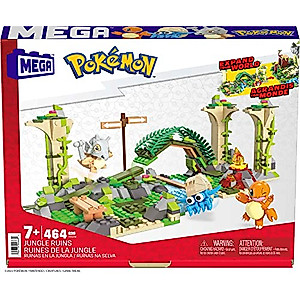 MEGA Pokemon Action Figure Building Toy, Jungle Ruins with 464 Pieces, Motion and 3 Characters, Cubone Charmander Omanyte, Gift Idea for Kids