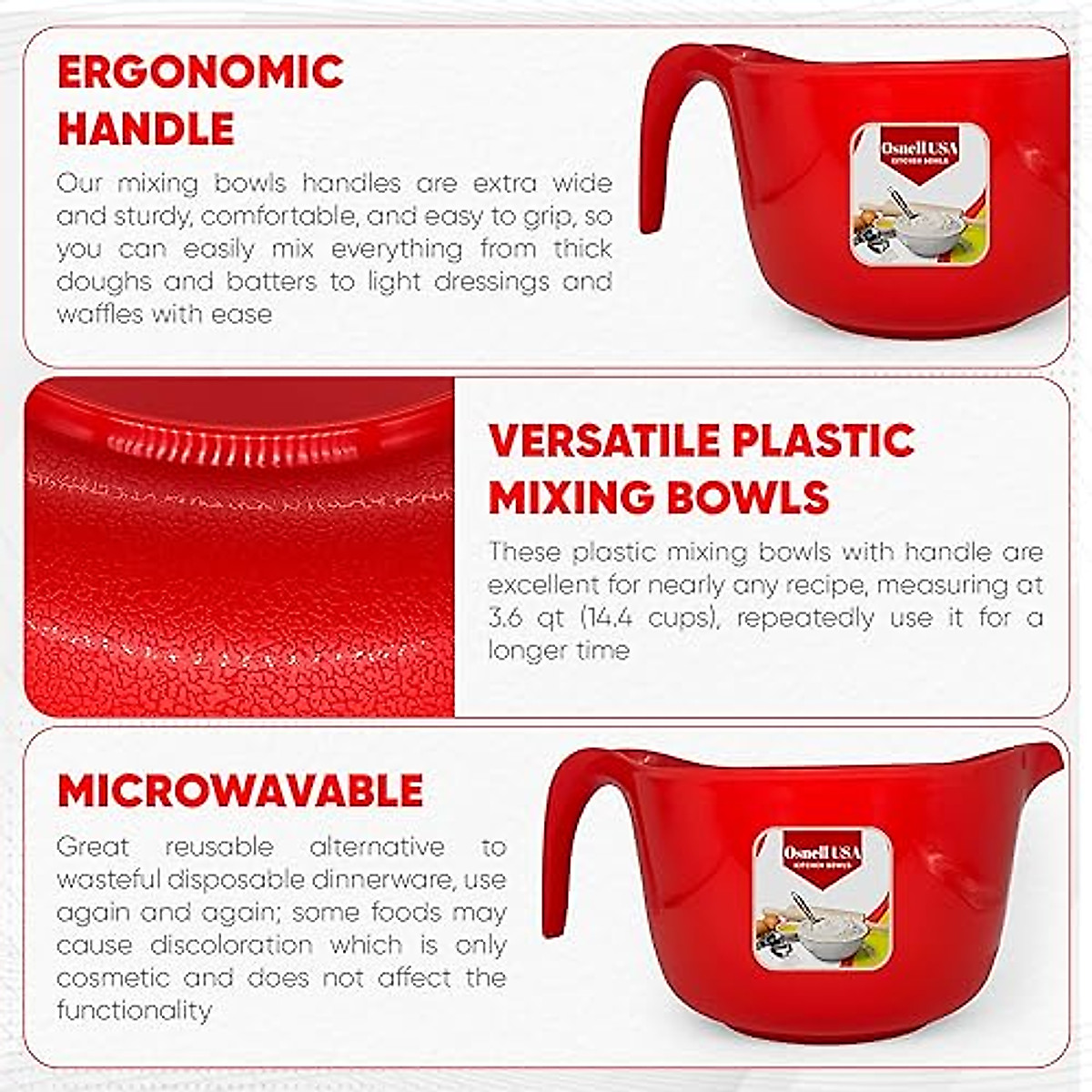 Large Mixing Bowls with Handles, 2 Pcs Microwave Safe 3.6 qt - Plastic Nesting Bowls for Kitchen, Batter Bowls, Easy to Clean, White & Red