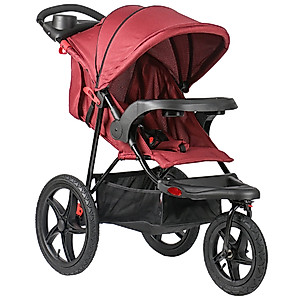 Qaba Baby Stroller Foldable Carriage for Toddler with Adjustable Backrest and Canopy Suspension System Rubber Tire 5-Point Harness Cup Holder Storage Basket Red
