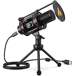 MAONO Computer Microphone All in One USB Condenser Mic 192kHz/24bit with Metal Pop Filter, Tripod, Gain Knob&0-Latency Monitoring for Zoom Meeting, Podcasting, Streaming, YouTube, Voice Over, Gaming