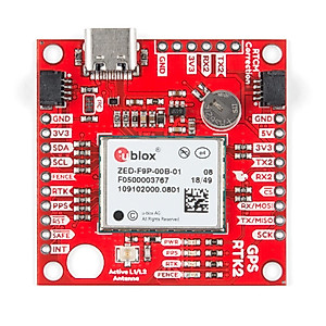 SparkFun GPS-RTK2 Board - ZED-F9P (Qwiic) High-Precision Breakout No Soldering Required Breadboardable Contains a Rechargeable Backup Battery Allowing a Warm-Start decreasing time-to-First-fix