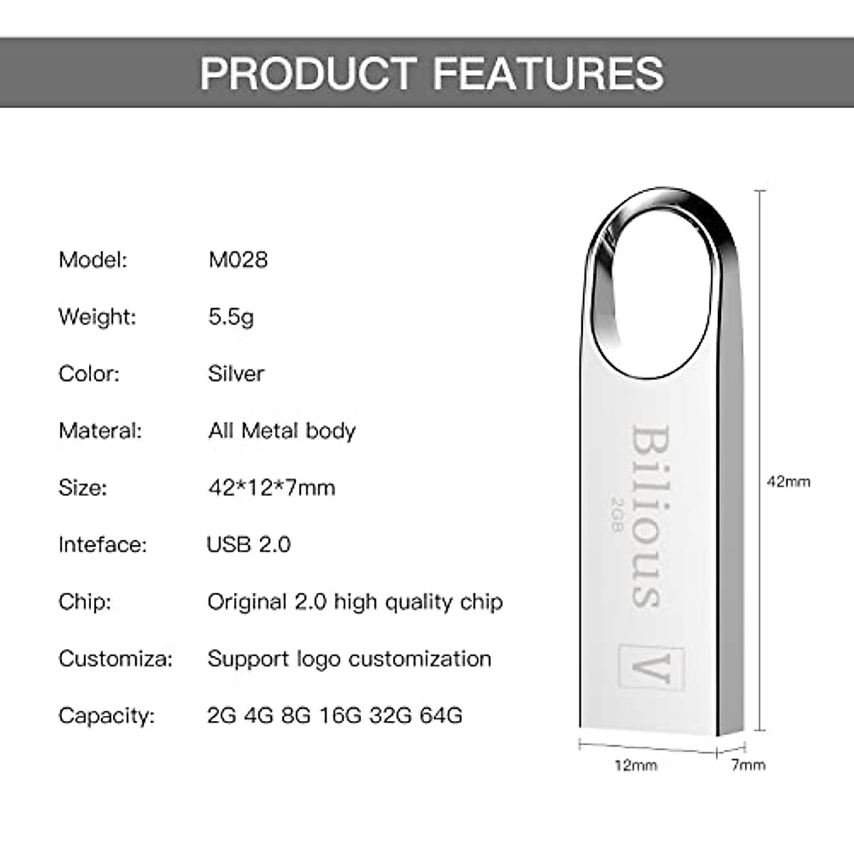 USB Flash Drive, Bilious Portable Keychain Design Thumb Drives, Metal Style Memory Stick U Disk, Waterproof Jump Pen Drive for Storage and Backup (64GB, 5 Pack)