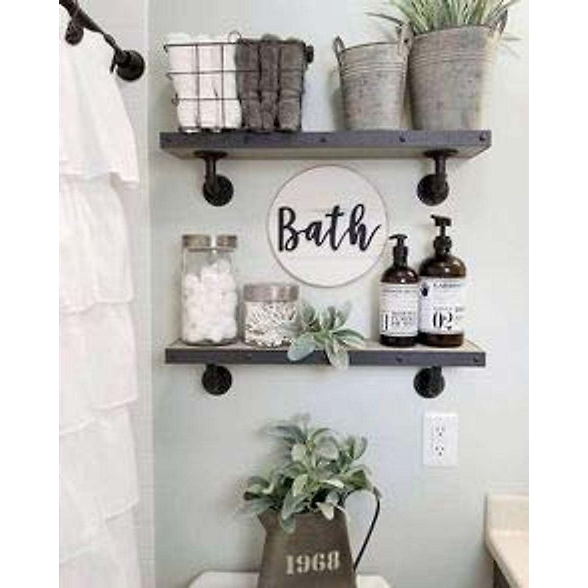 Industrial Wooden Floating Shelves - Wall Decor for Home Kitchen, Bathroom, Bedroom - Rustic Pine Custom Office Organizer with Pipe Brackets - Set of 2 - 1.5" x 7.5" x 36" - Early American