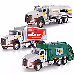 3 Pack City Diecast Semi Trucks Transport Set - Big Toy Garbage Truck, Oil Tanker, & Transport Vehicle Toy with Pull Back Action - 1/50 Scale Metal Collectible Model Alloy Car Vehicles