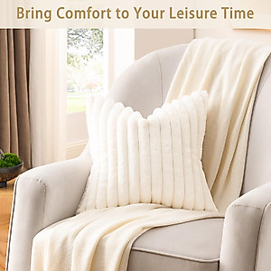 Volcanics Pack of 1 Double-Sided Faux Fur Plush Decorative Throw Pillow Covers 18x18 Inches Soft Fluffy Striped Couch Pillow Cases, Cream White