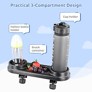 Stroller Snack Tray for 1.8" Flat Handrail Tubes, 3 in 1 Stroller Snack Attachment with Cup Holder, Multifunctional Stroller Organizer with Removable Non-Slip Grip Clip for Stroller Bumper Bars