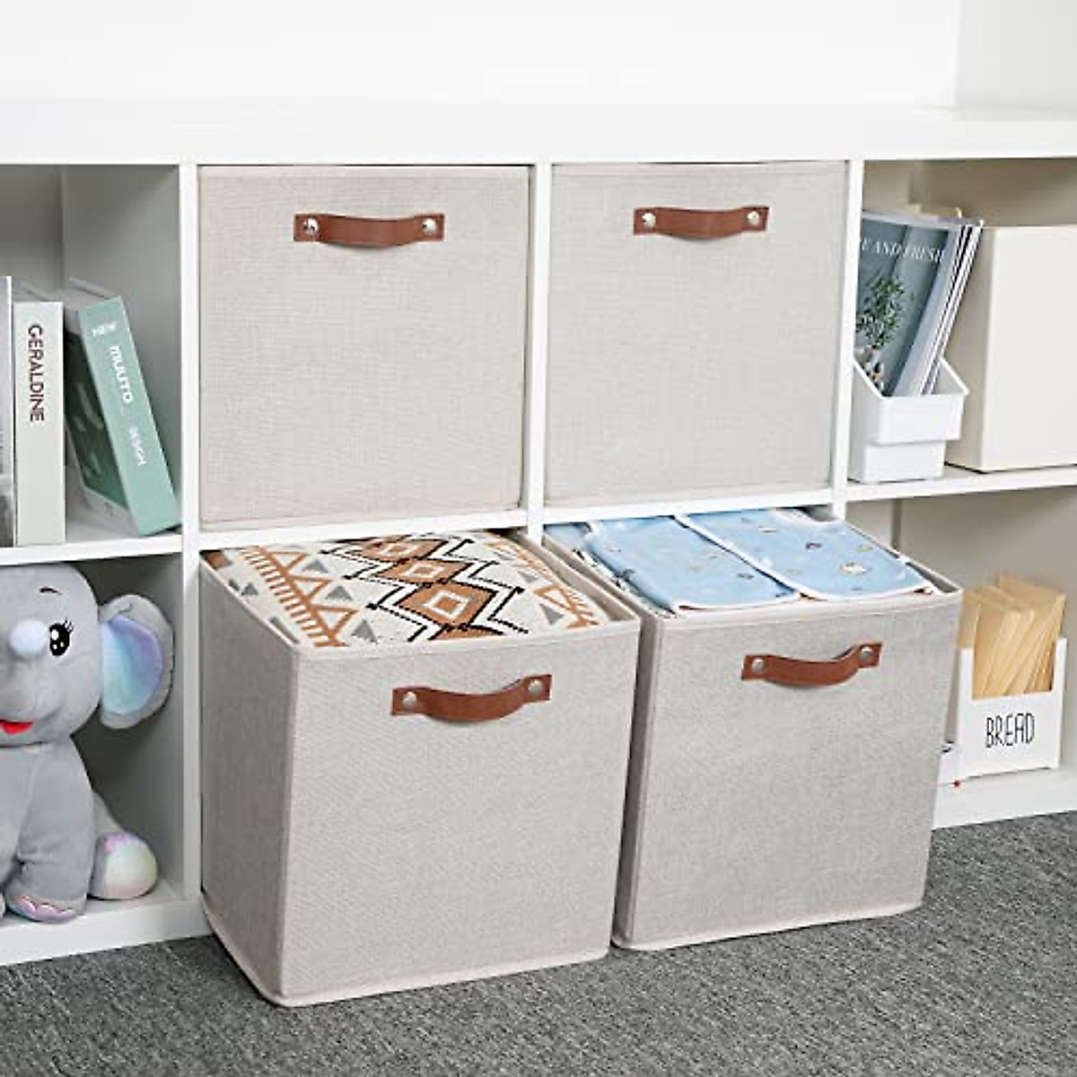 HNZIGE Large Storage Baskets Set of 4 Bins Collapsible Storage Baskets,13x13 Storage Cube Bins with Handles,Foldable Storage Cube Bins for Shelves, Closet Storage Organizer Home Nursery Office(cream)