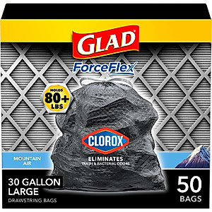 GLAD ForceFlex Large Drawstring Trash Bags, 30 Gallon Black Trash Bags for Large Kitchen Trash Can, Mountain Air Scent to Eliminate Odors, 50 Count (Package May Vary)