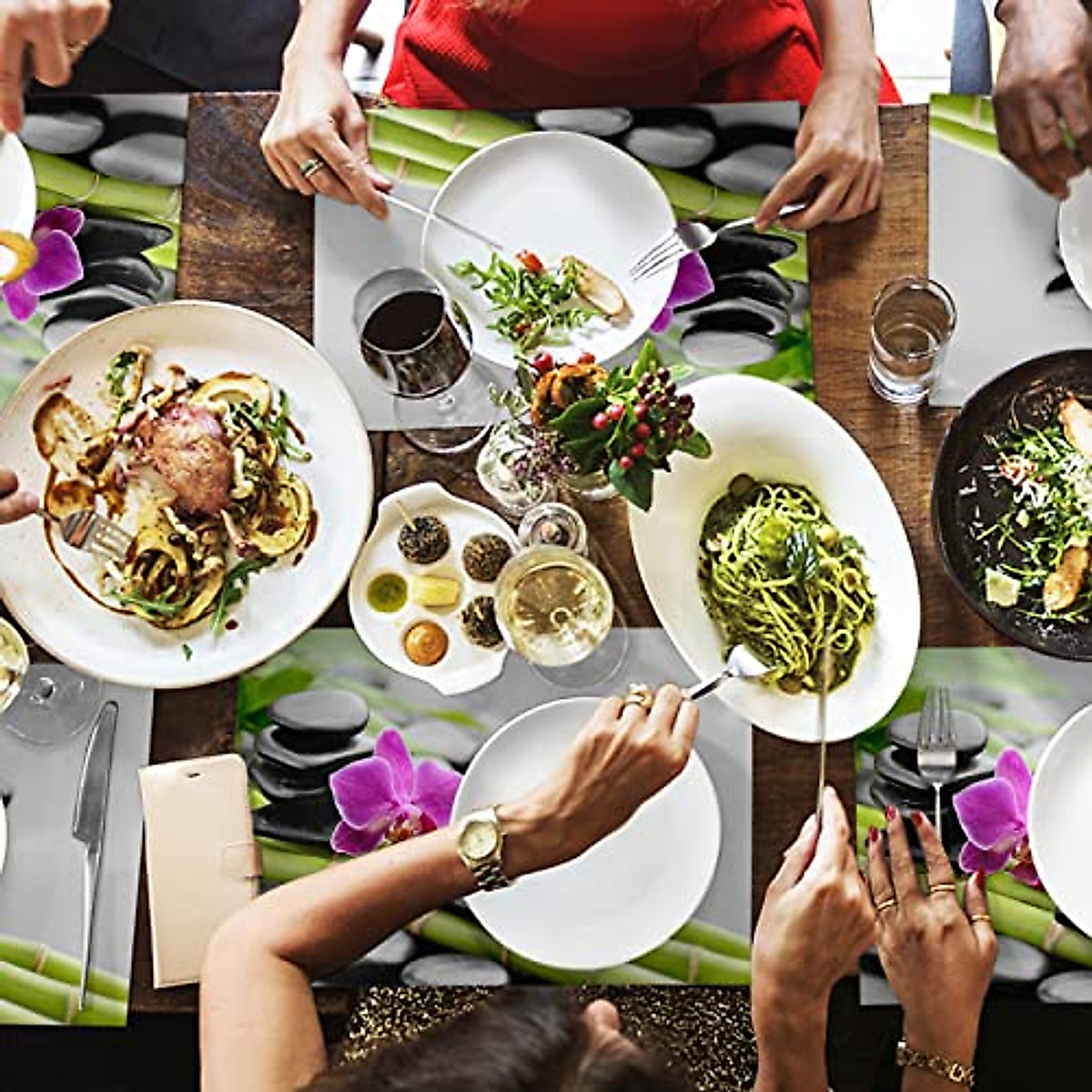 Placemats for Dining Table Set of 6, Zen Basalt Stone Orchid Flower and Cotton Linen Cloth for Square/Rectangle/Round Table Mat Placemat Kitchen Dinner Holiday Dﾃｩcor