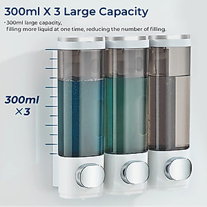 Pollock Shower Dispenser - 3 Chamber No Drill Wall Mounted Shampoo, Conditioner, Body Wash Dispenser for Bathroom, Large Capacity, White