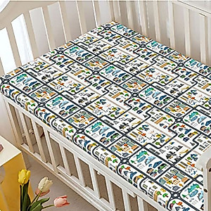 Car Race Track Themed Fitted Crib Sheet,Standard Crib Mattress Fitted Sheet Soft Toddler Mattress Sheet Fitted-Crib Mattress Sheet or Toddler Bed Sheet, 28“ x52“,Multicolor