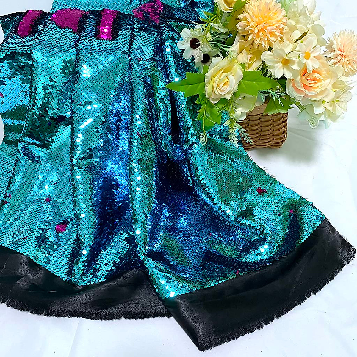 Reversible Sequin Fabric 1 Yard Long Mermaid Fabric by The Yard Turquoise to Hot Pink Two Tone Change Color Fabric Flip Sequins Fabric for Sewing Dress/Cloths/Tablecloth