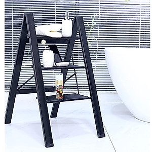 Comft 3 Step Ladder, Aluminum Sturdy Lightweight, Widened Pedal, Non-Slip Foot Pad, Multi-Functional Foldable Space Saving for Home and Kitchen (330LB) (Black)