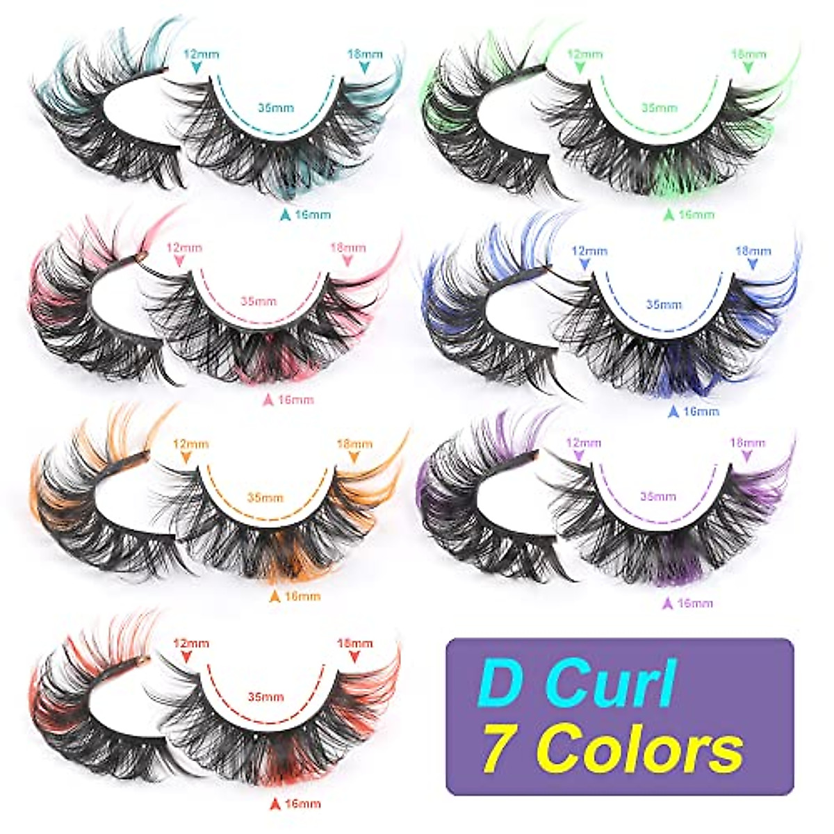 Ruairie False Eyelashes Colored Lashes Fluffy Wispy Russian Strip Lashes with Color D Curl Volume Curly Christmas, 7 Colors Fake Eyelashes Pack